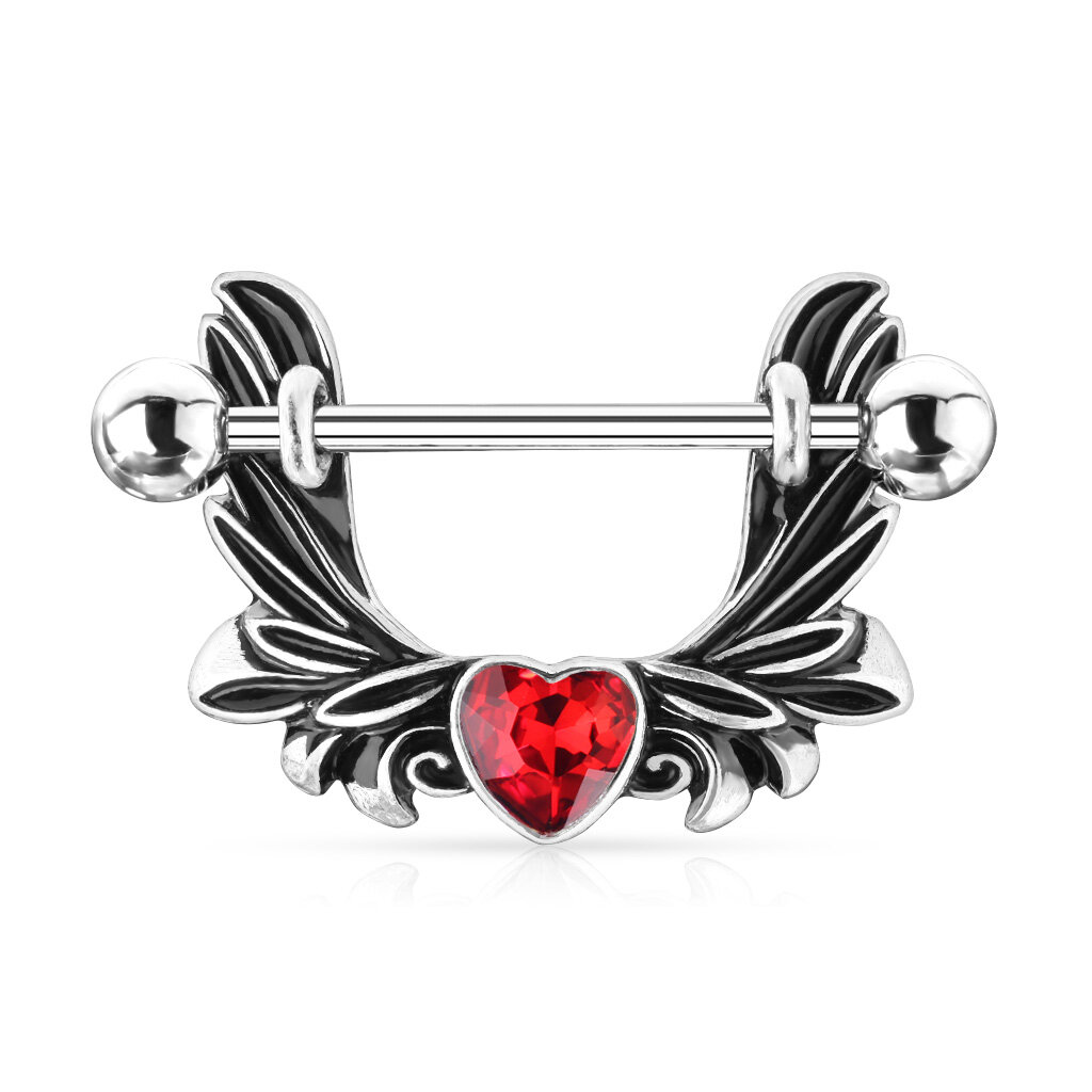 Stahl Nipple Bar Angel Wings Herz Kristall
